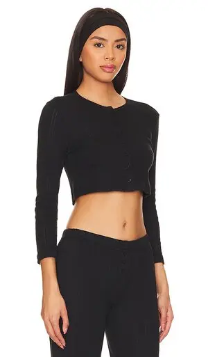 COU COU Cropped Pointelle Knit Cardigan - Black