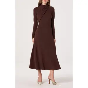 Astr The Label A-line Mock Neck Long Sleeve Dress - Brown