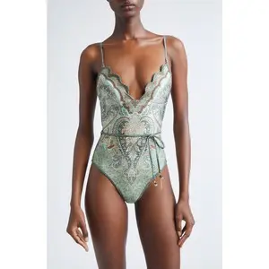 Zimmermann Wanderlust Scalloped One-piece Swimsuit - Tapestry Teal Multi