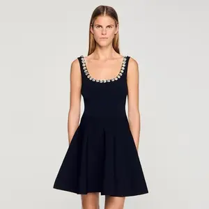 Sandro Mini Knit Dress With Rhinestone Neck