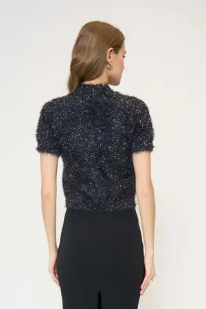 Central Park West Colette Eyelash Lurex Cap Sleeve Crewneck Top