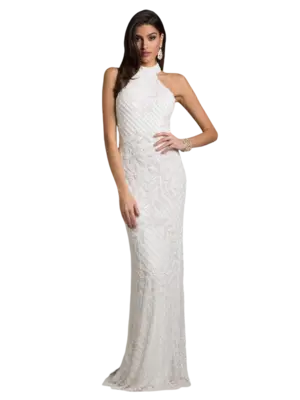 LARA NEW YORK Lattice-beaded Halter Neck Sheath Gown - Ivory