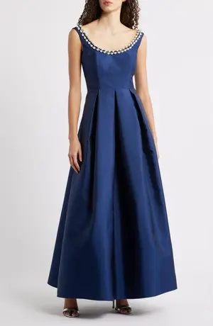 Eliza J Embellished Scoop Neck Ballgown - Navy