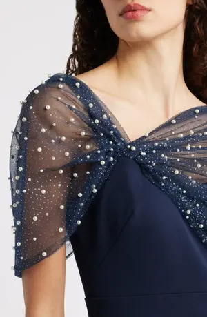 Eliza J Faux Pearl Mesh Detail Gown