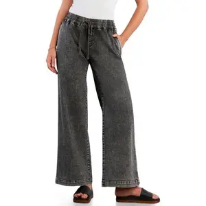 WASH LAB DENIM Drawstring Waist Wide Leg Jeans - Black Diamond