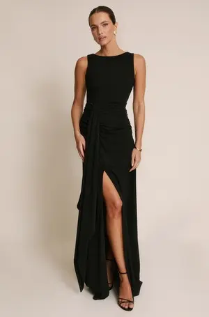 SIX STORIES Drape Gathered Sleeveless Maxi Dress - Black