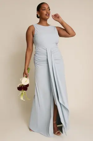 SIX STORIES Drape Gathered Sleeveless Maxi Dress Pale Blue