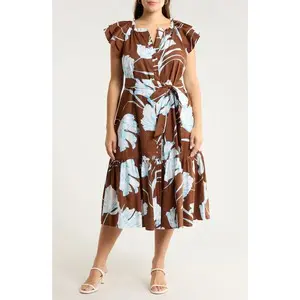 SUGARLIPS Floral Print Cotton Midi Dress - Brown White