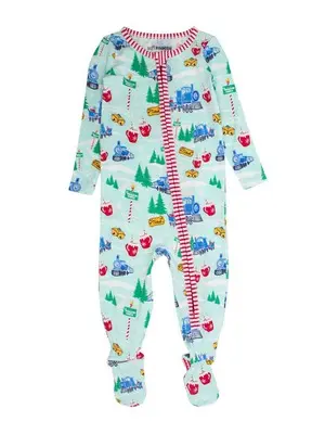 RUFFLEBUTTS Softsnooze Holiday One-piece Footie Pajamas - Snowy Train Tracks