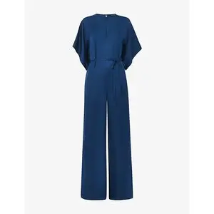 Whistles Belted-waist Short-sleeve Satin Jumpsuit - Navy