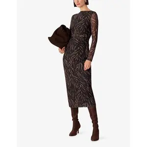 Whistles Abstract Zebra-print Stretch-mesh Midi Dress - Black