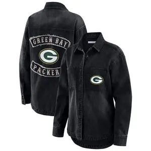 WEAR BY ERIN ANDREWS Green Bay Packers Washed Oversized Denim Full-snap Shacket - Black