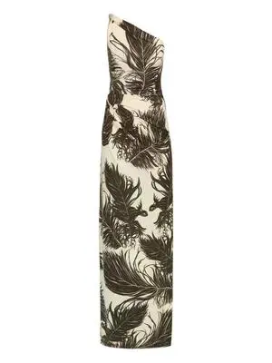 Oscar De La Renta Feather-print One-shoulder Maxi Dress - Brown
