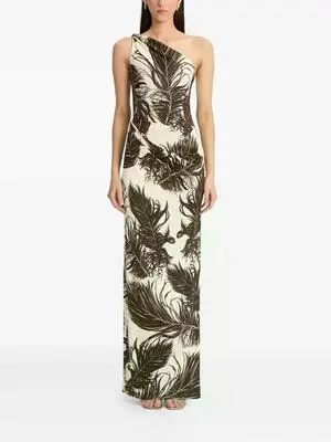 Oscar De La Renta Feather-print One-shoulder Maxi Dress - Brown