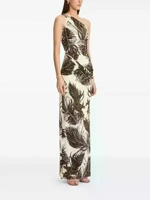 Oscar De La Renta Feather-print One-shoulder Maxi Dress - Brown