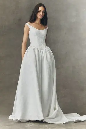 Watters Stella Off-shoulder Basque-waist Gown