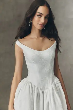 Watters Stella Off-shoulder Basque-waist Gown