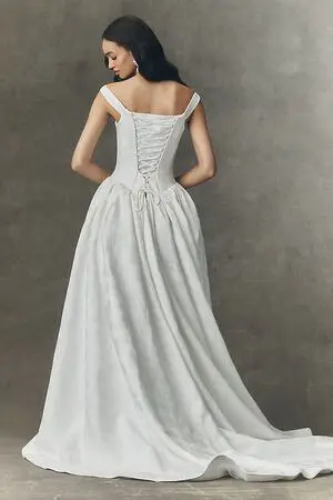 Watters Stella Off-shoulder Basque-waist Gown