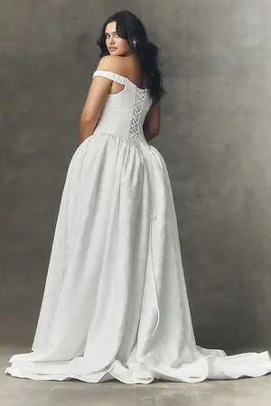 Watters Stella Off-shoulder Basque-waist Gown