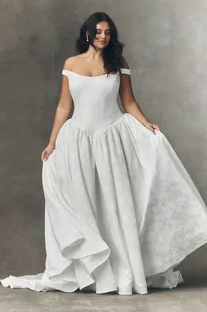 Watters Stella Off-shoulder Basque-waist Gown