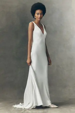Jenny Yoo Satin V-neck Open-back Gown