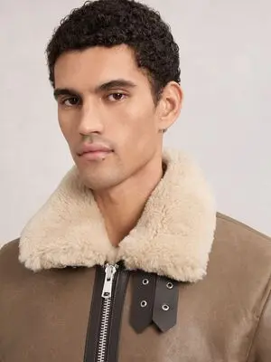 REISS Hardy Shearling-collar Leather Jacket - Light Brown