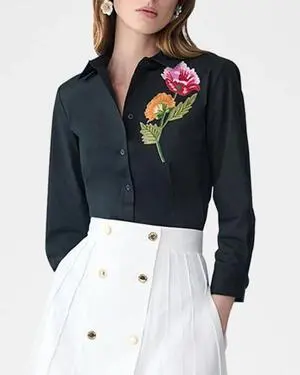 Carolina Herrera Floral Embroidered Icon Button-down Shirt - Black Mult