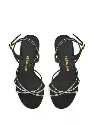 FERRAGAMO Spherical Heel Crystal Embellished Suede Sandals