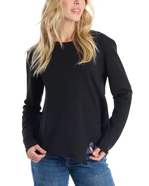 Wilt Asymmetrical Hem & Button Detail Long Sleeve Tee - Black