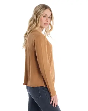 Wilt Clothing Asymmetrical Hem Button Detail Long Sleeve Tee - Medium Brown