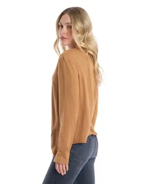Wilt Clothing Asymmetrical Hem Button Detail Long Sleeve Tee - Medium Brown