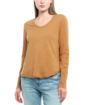 Wilt Long Sleeve Raw Hem Shirttail Tee - Medium Brown