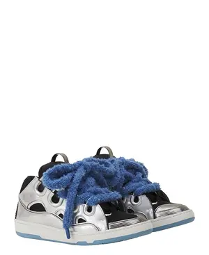 LANVIN Curb Metallic Leather Sneakers With Mesh Laces - Silver