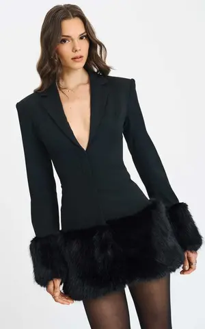 MISS CIRCLE NEW YORK Faux Fur Trimmed V-neck Mini Blazer Dress - Black