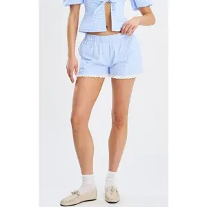 MISS CIRCLE Gingham Lace Trim Shorts - Baby Blue