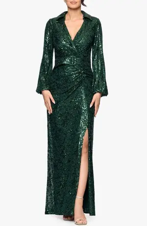 Betsy & Adam Sequin Collar Long Sleeve Gown