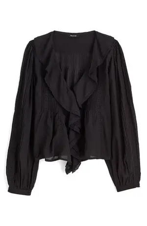 Madewell Lace Insert Ruffle Pintuck Long Sleeve Top - Jet Black