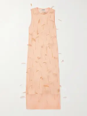 JIL SANDER Feather-embellished Layered Knitted-silk Midi Dress - Pink