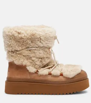 Tory Burch Mellow Shearling And Suede Lace-up Boots - Beige