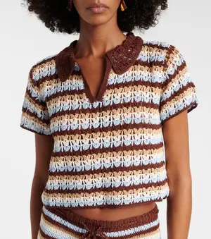 Anna Kosturova Crochet Striped Cotton Polo Shirt