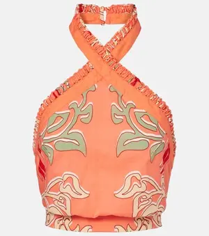 Poupette St Barth Suma Printed Cotton Crop Top - Orange