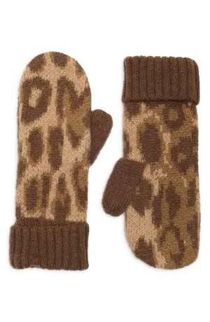 DAMSON MADDER Fluffy Leopard Print Mittens - Brown Multi