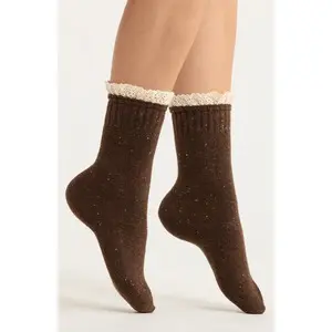 CASA CLARA Tahor Ruffle Lace Trim Crew Socks - Brown