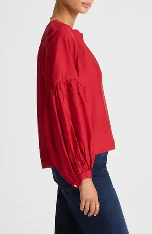 Madewell Shirred Balloon Sleeve Button-up Top - Crimson
