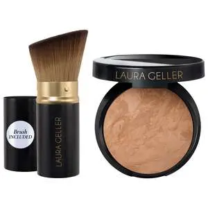 Laura Geller Beauty Balance And Brighten Color Correcting Baked Powder Foundation + Kabuki Brush - Golden Medium