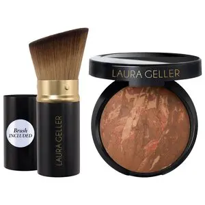Laura Geller Beauty Balance And Brighten Color Correcting Baked Powder Foundation + Kabuki Brush - Toffee