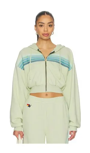 Aviator Nation 5 Stripe Cropped Zip Hoodie - Lime Cream & Seafoam