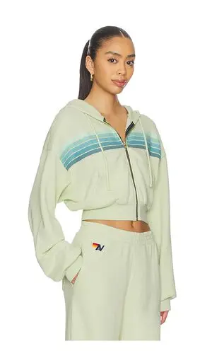 Aviator Nation 5 Stripe Cropped Zip Hoodie - Lime Cream & Seafoam