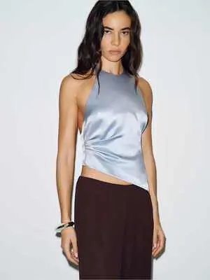 REFORMATION Reese Silk Halter Top - Blue