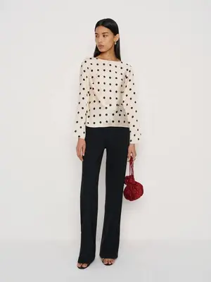 REFORMATION Marlow Silk Top Polka Dot Boatneck Blouse - Ivory